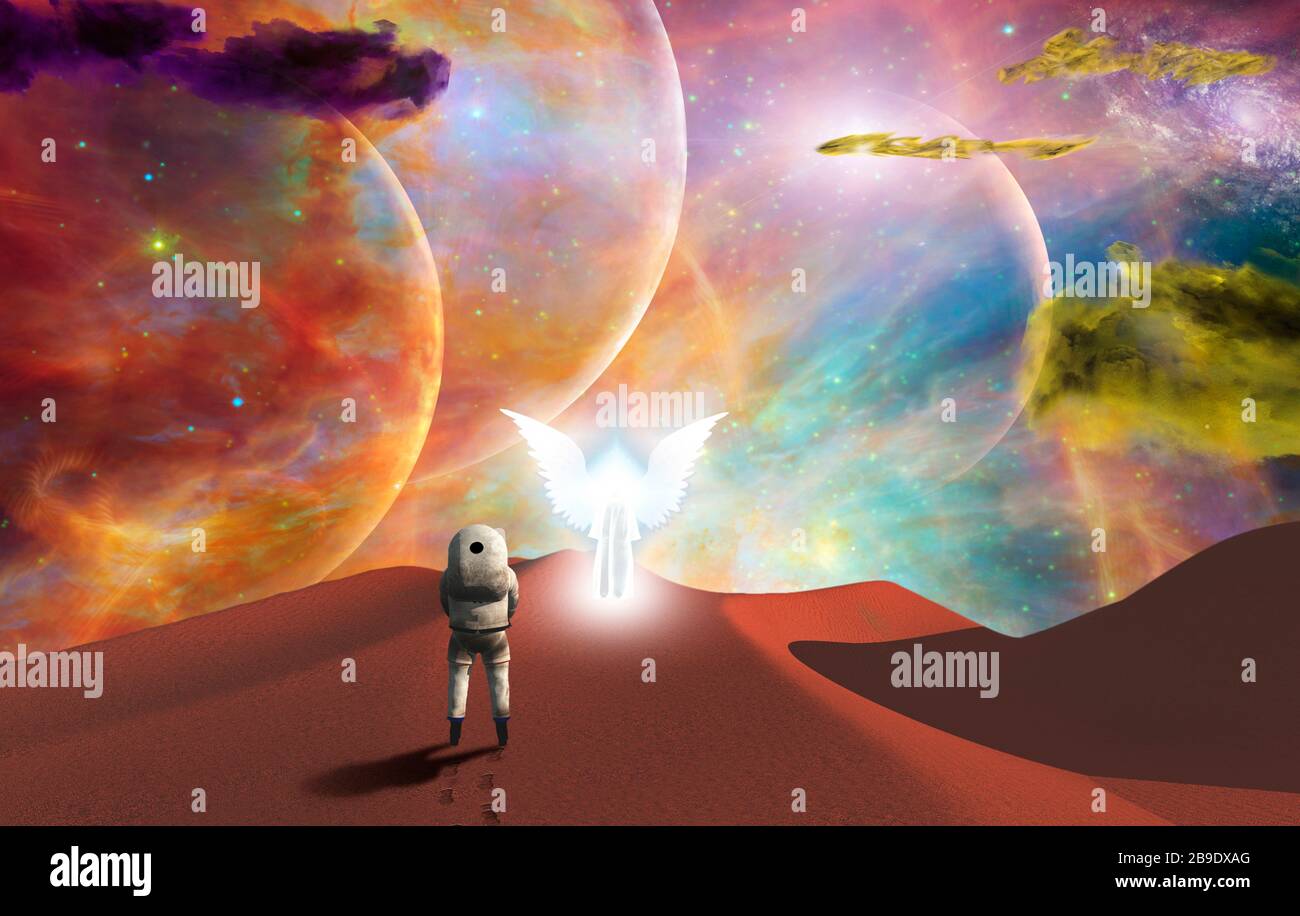 Astronaut meeting with the angel on a space journey Stock Photo - Alamy