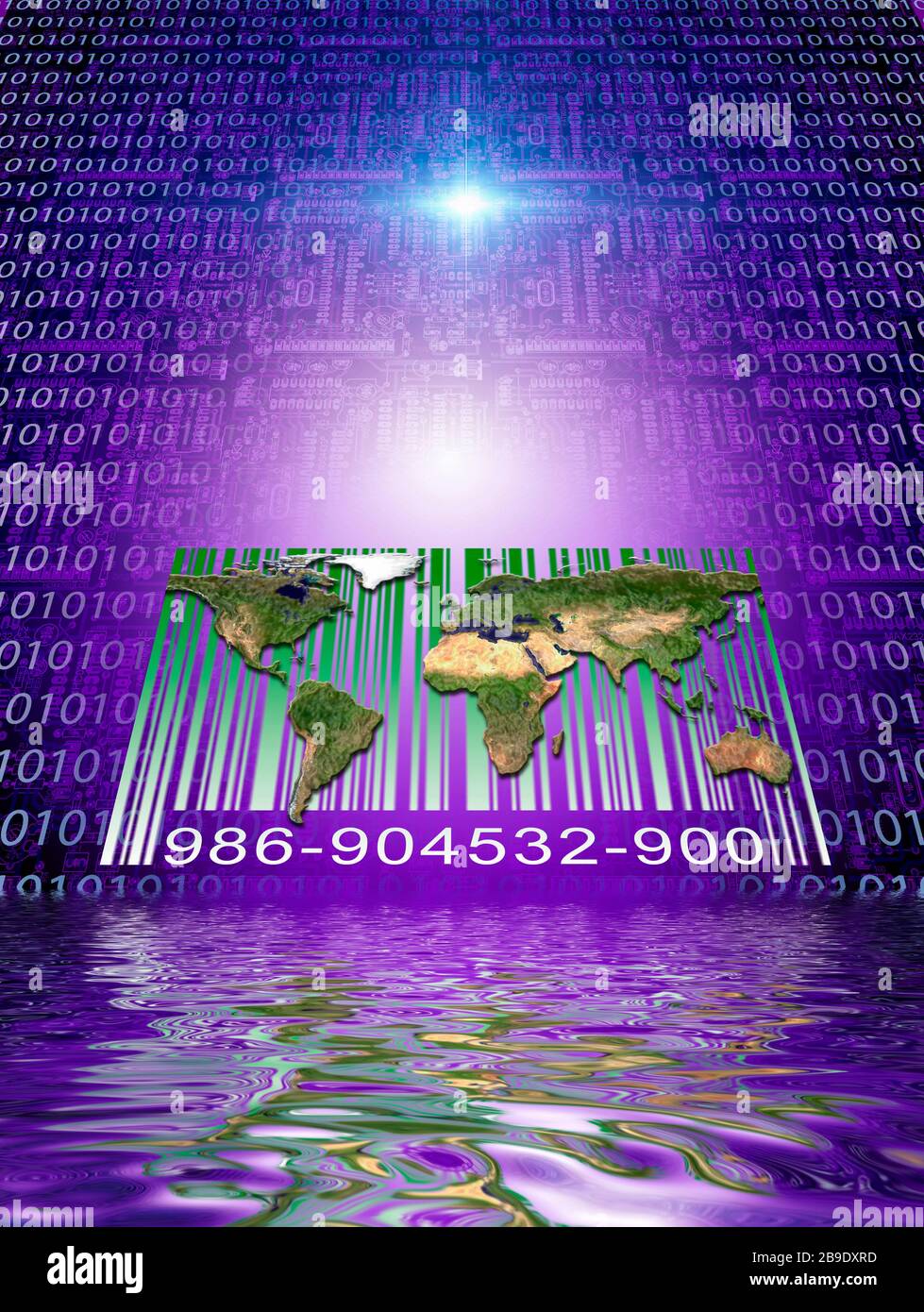 Binary code, world map and bar code Stock Photo - Alamy