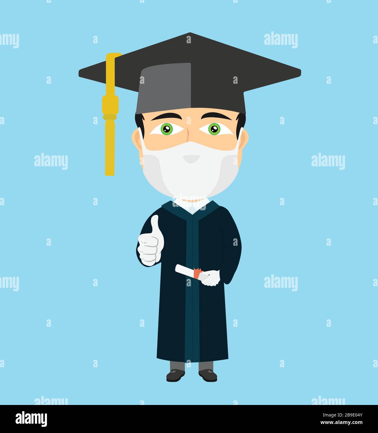 Confused graduate with mask white gloves thumb up hat diploma in his ...