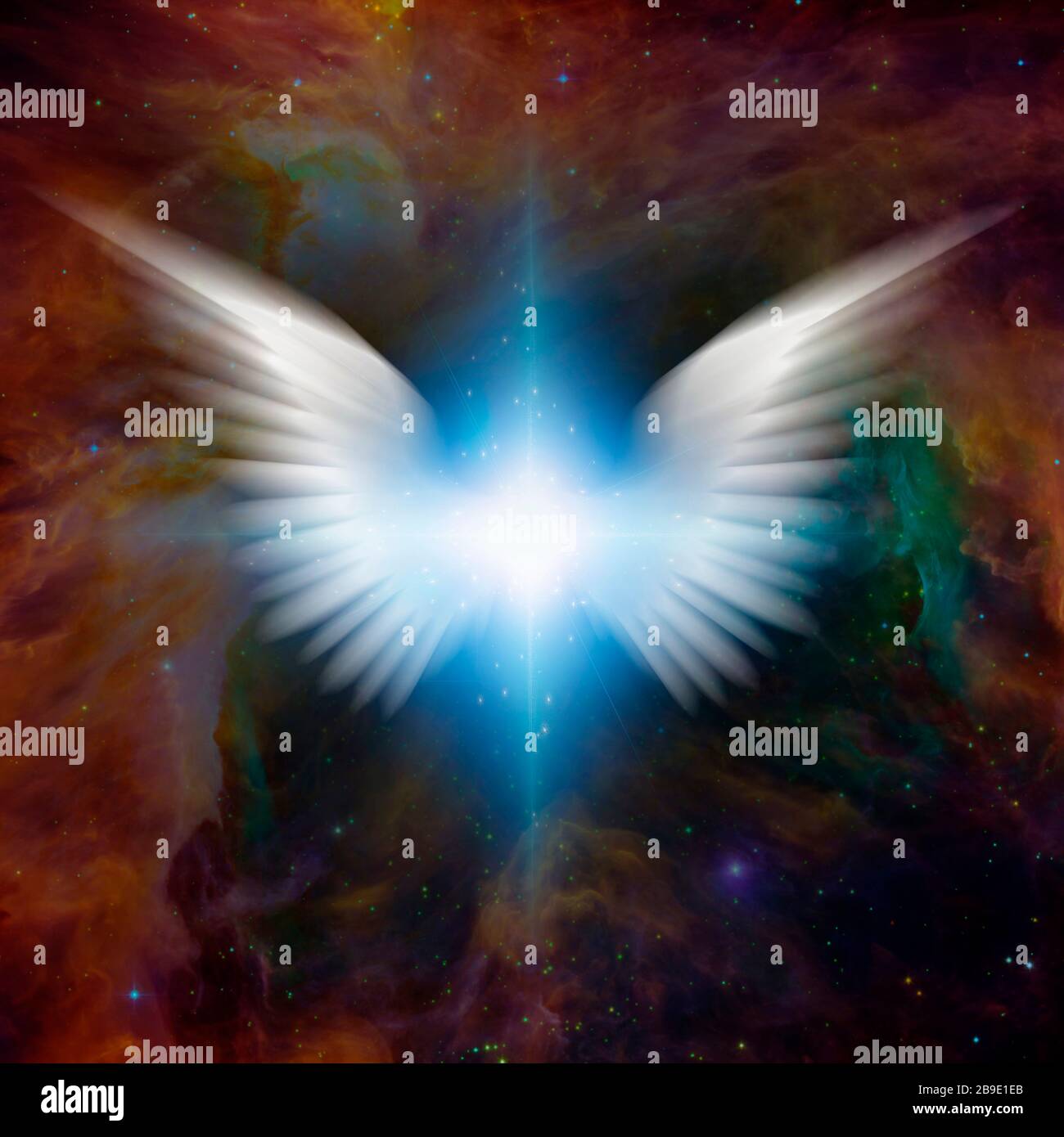 Bright star with white angel's wings in vivid colorful universe Stock ...