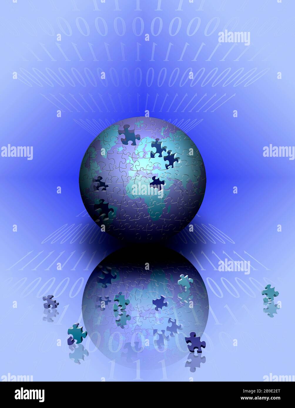 Planet Earth in jigsaw pattern, binary code and pieces of puzzle Stock ...