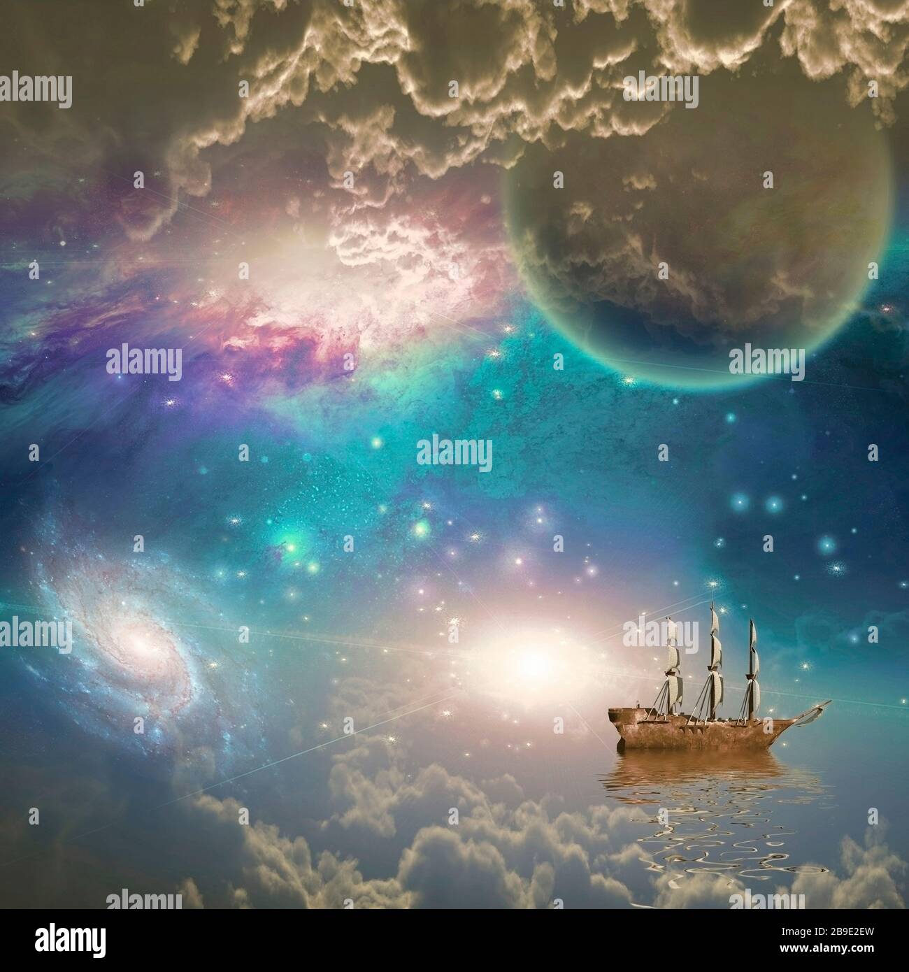 Sailing ship with full sails in fantastic space scene Stock Photo - Alamy