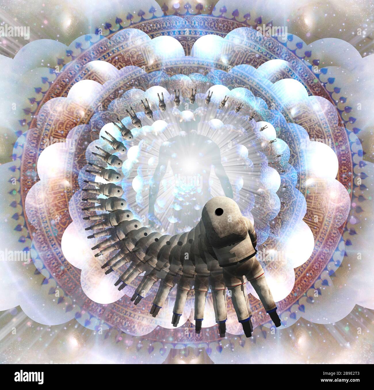 Shining aura and rays of light. Mandala. Spiral of astronaut's figure ...