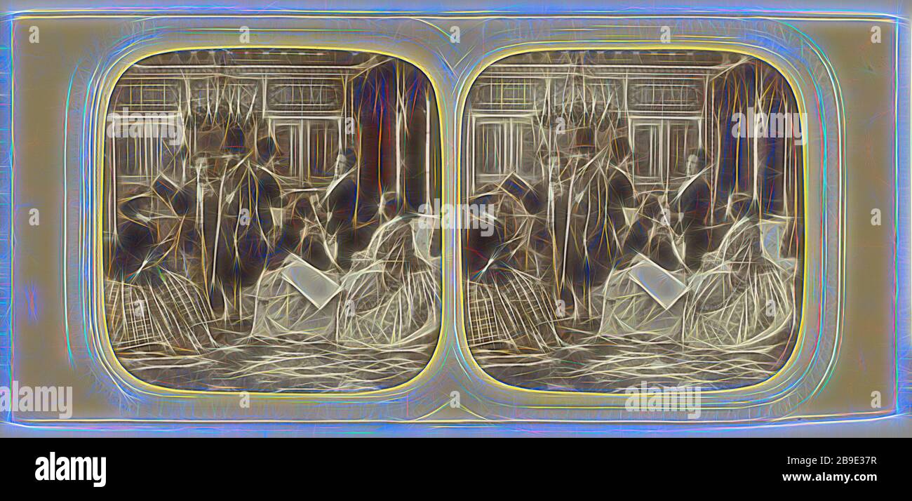 Parlor scene comprised of well-dressed people, about 1860, Hand-colored ...