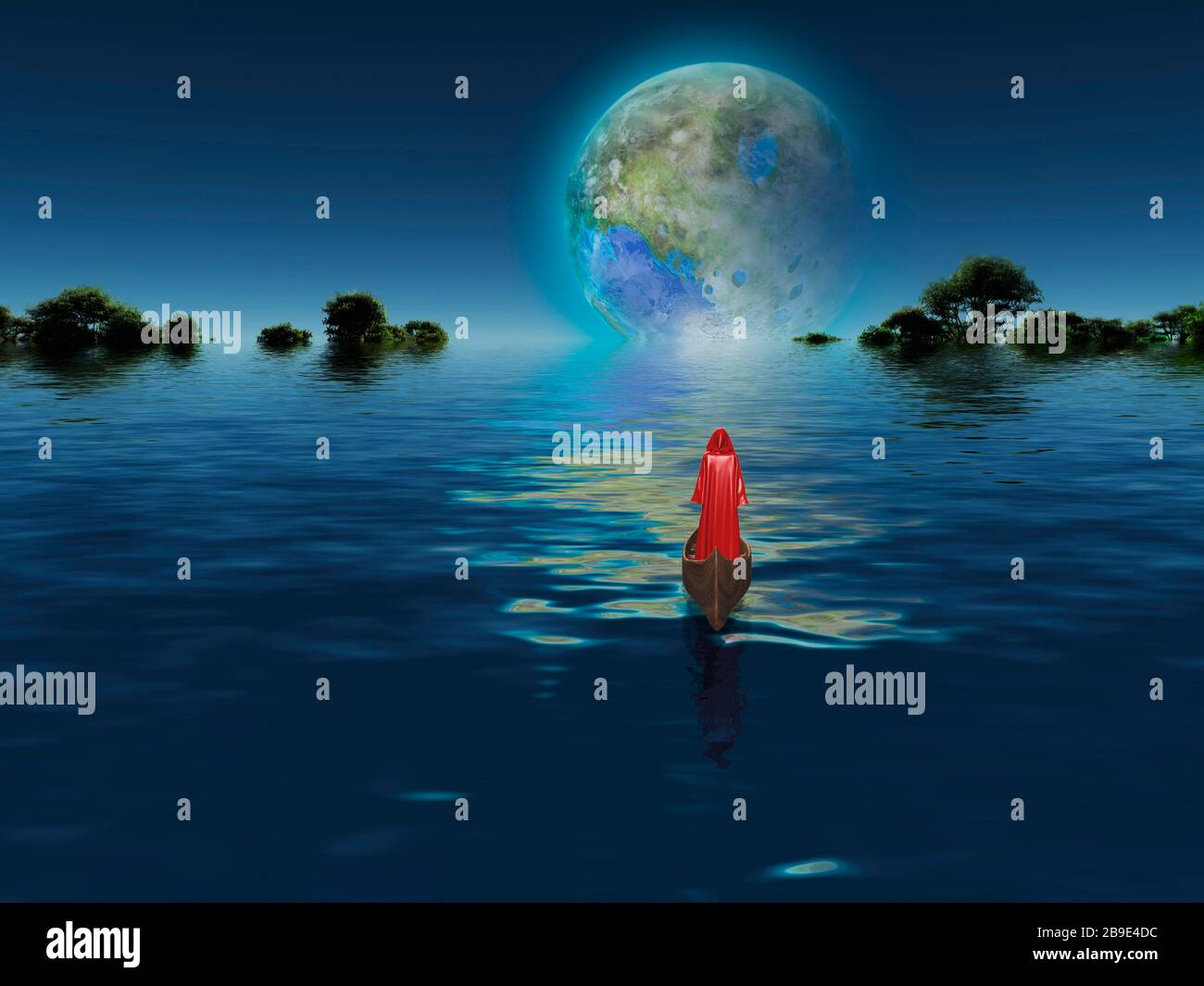 3D rendering of a figure in cloak floats in boat towards terraformed ...