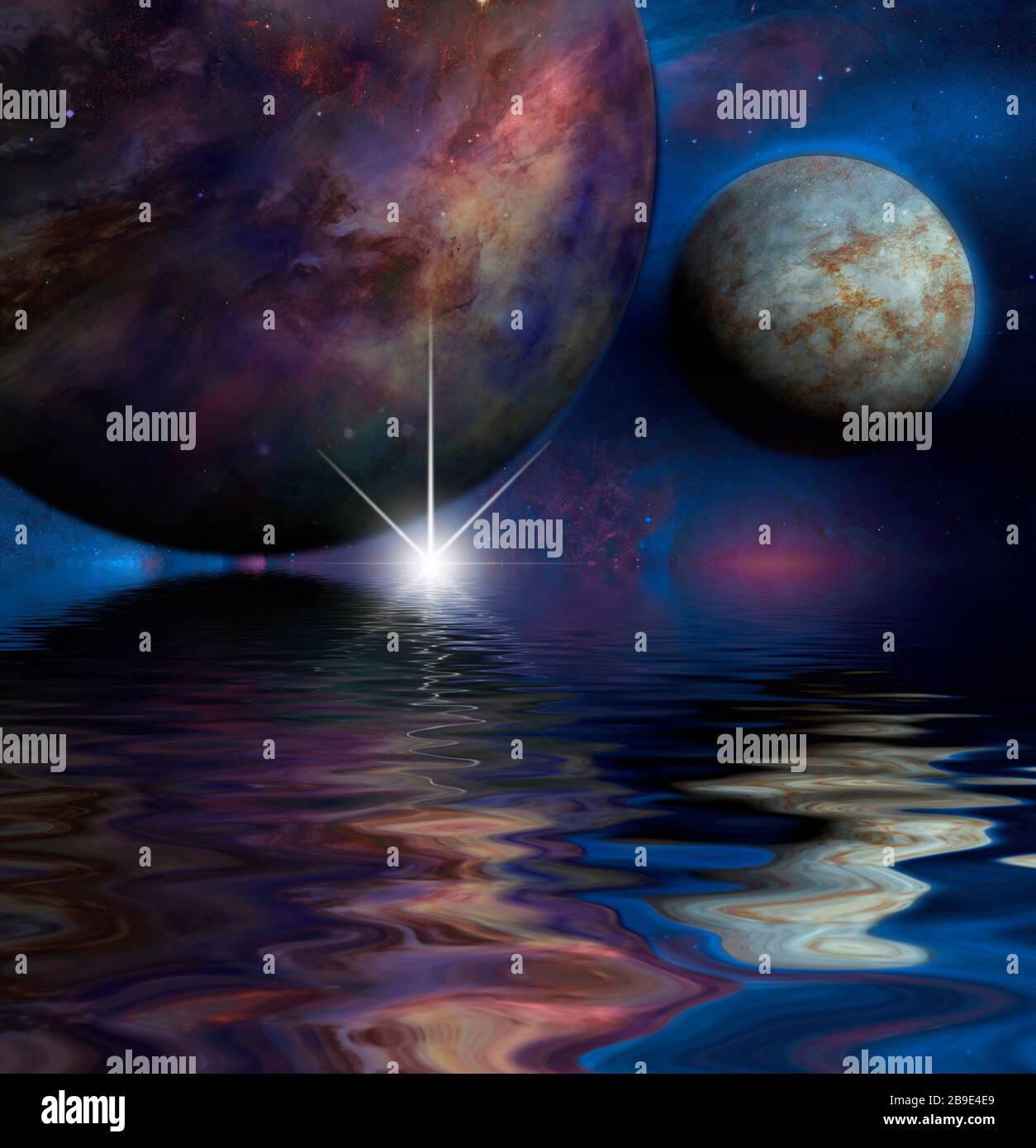 Exosolar planets rise over an alien ocean Stock Photo - Alamy