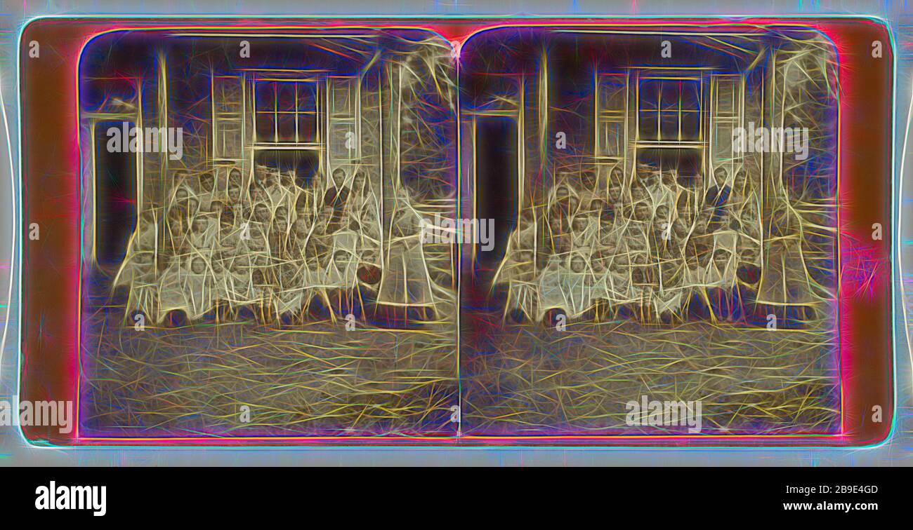 Group of school children and teacher posed outside, American, about ...