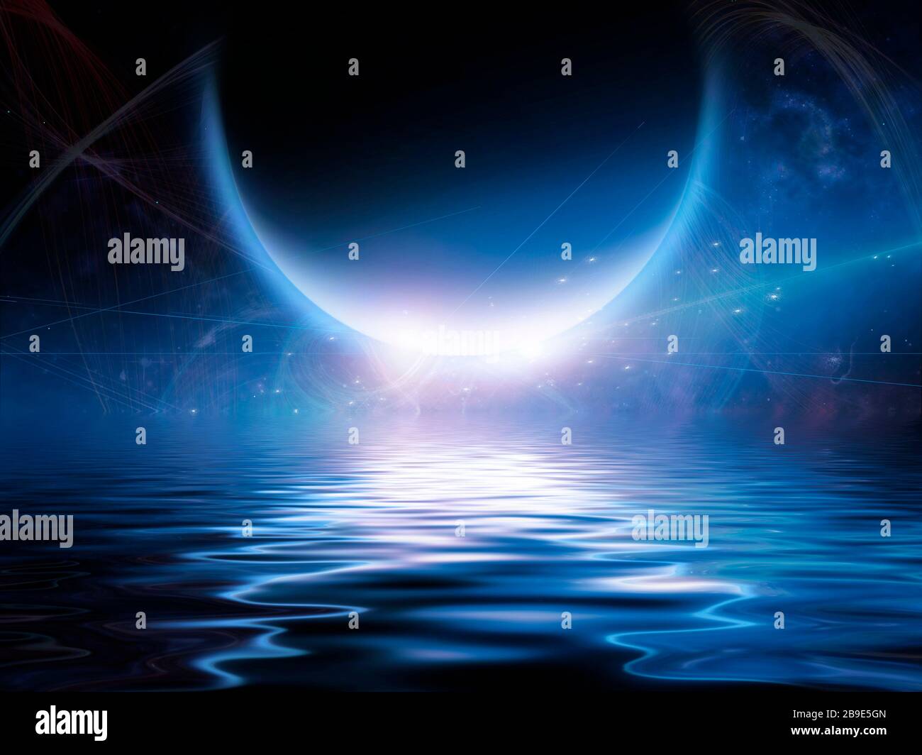 Exosolar planet rising over quiet waters Stock Photo - Alamy
