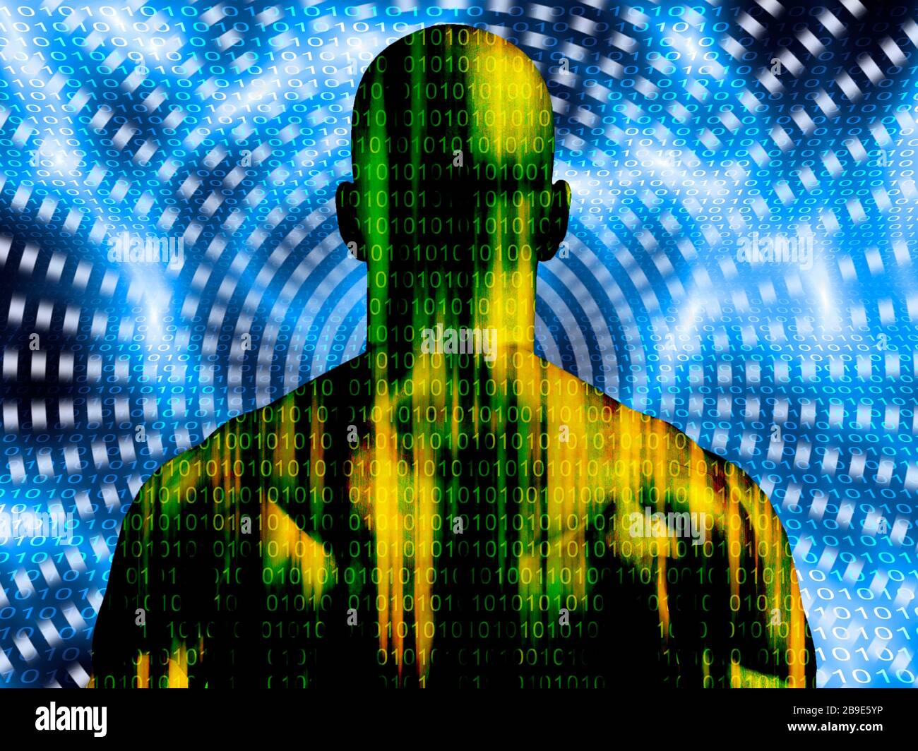Binary code streaming and man Stock Photo - Alamy