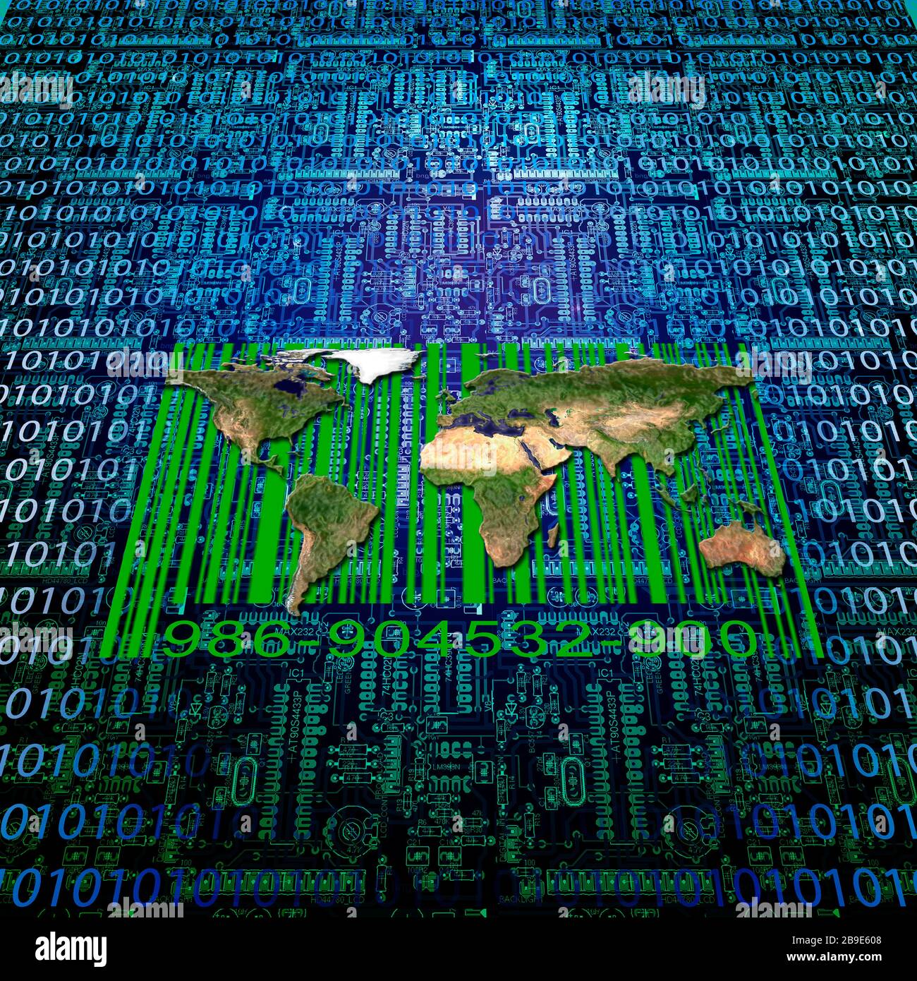 Binary code, modern world map and bar code Stock Photo - Alamy