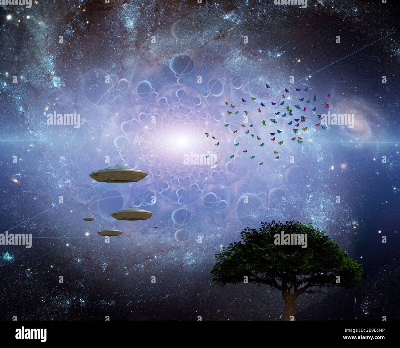 Sci-fi composition of UFO's and green tree of life with butterflies in ...