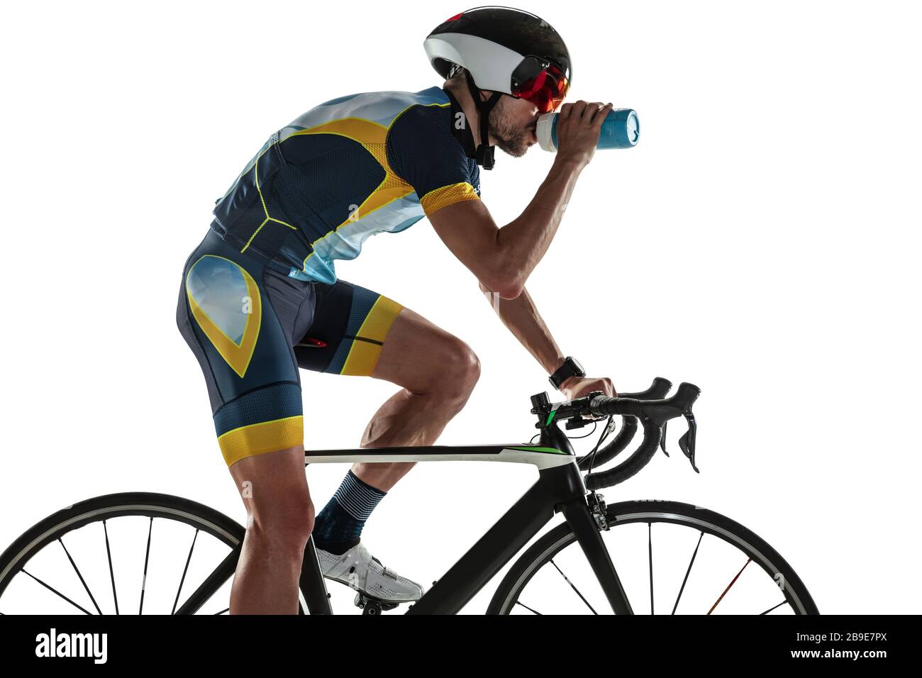Triathlon male athlete cycle training isolated on white studio ...