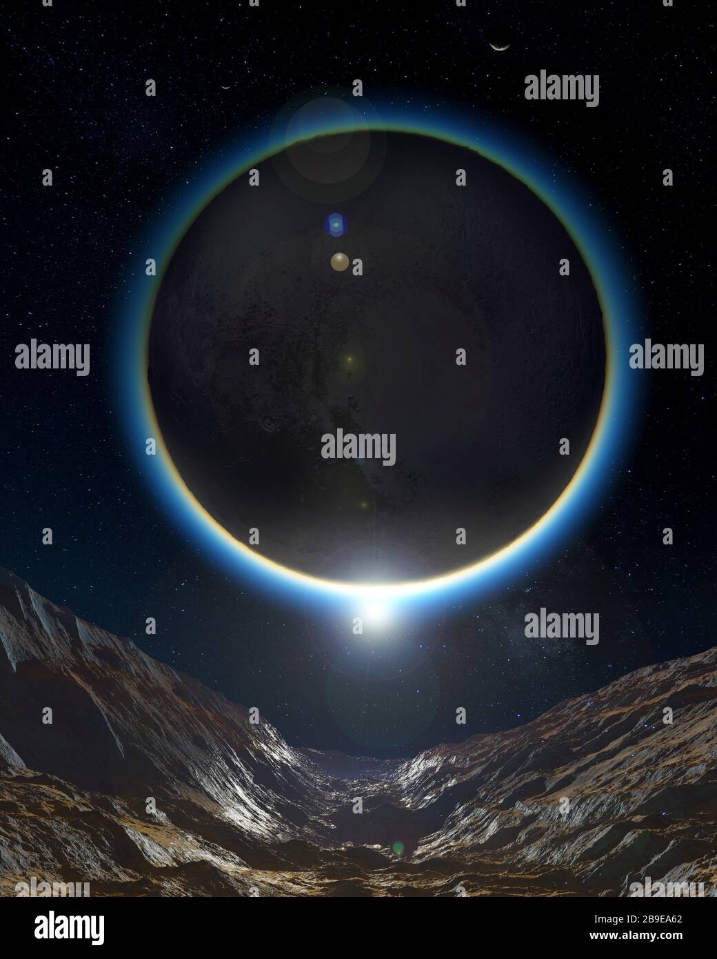 Pluto's blue atmosphere glows as it eclipses our sun as seen from its moon, Charon Stock Photo ...