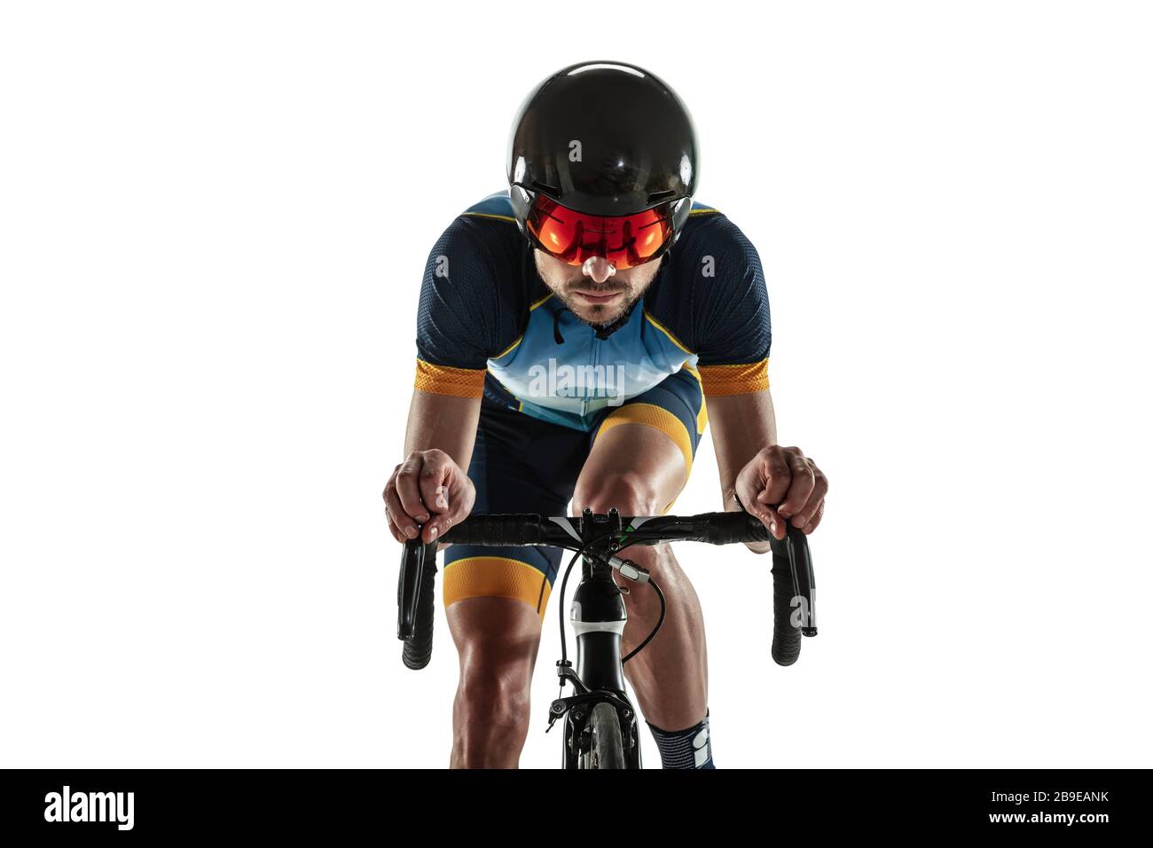 Triathlon male athlete cycle training isolated on white studio ...