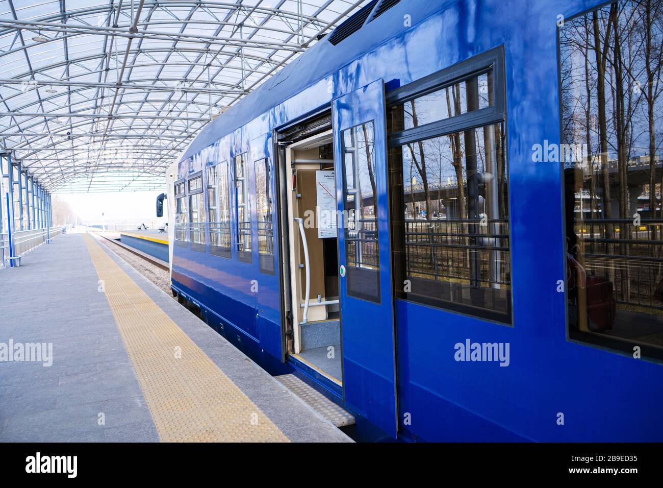 Express train at the train station. Without people, an empty train ...