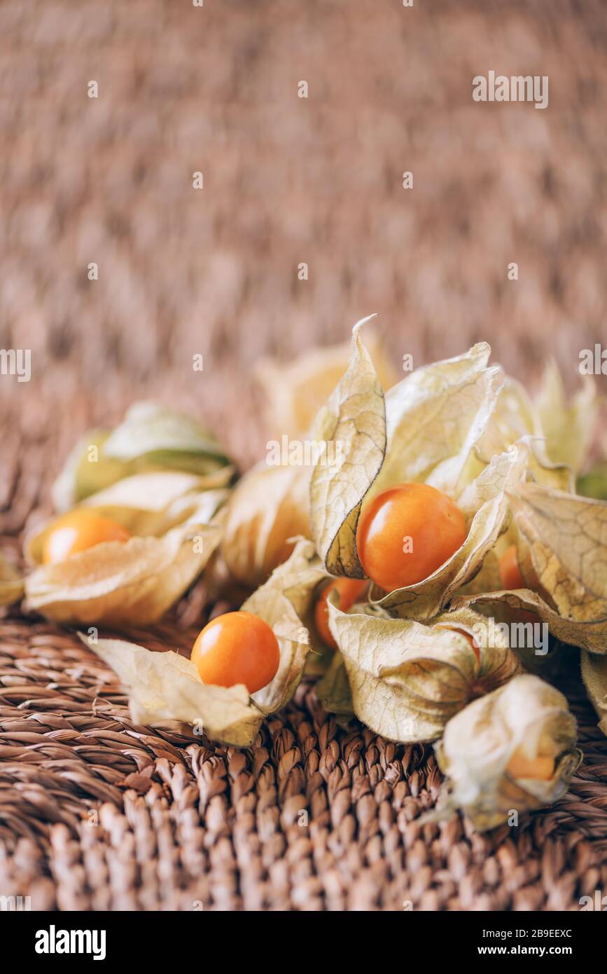 Physalis fruit with husk over palm leaves on rattan background. Copy ...