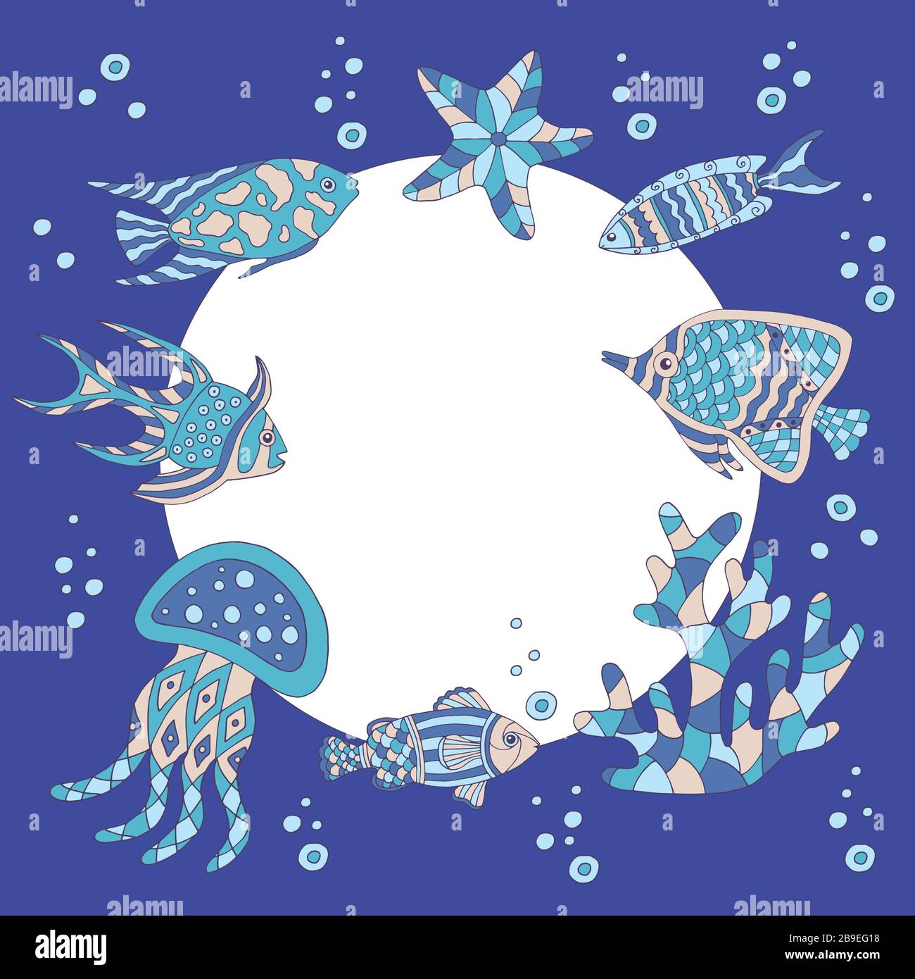 Frame with a set of abstract sea fish, starfish, coral, seahorse ...