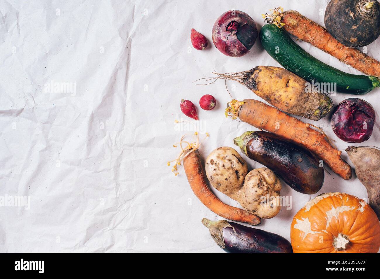Ugly vegetables on grey background. Ugly food concept. Top view, flat ...