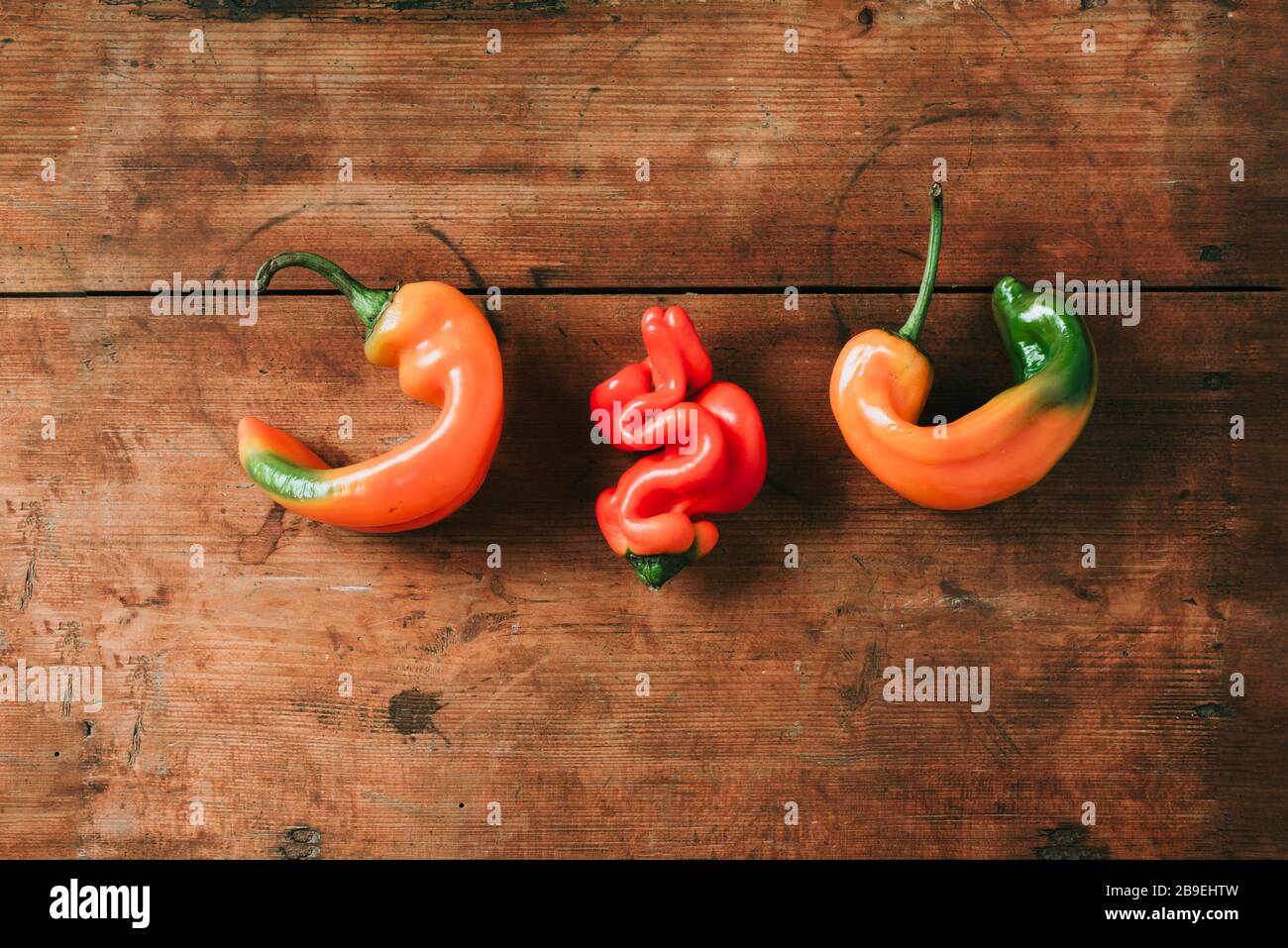 Ugly bell pepper on wooden background. Concept of zero waste production ...