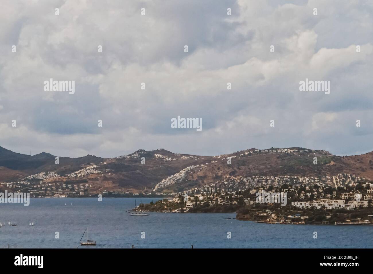 Mediterranean coast and cloudy sky, beautiful panoramic sea view and ...