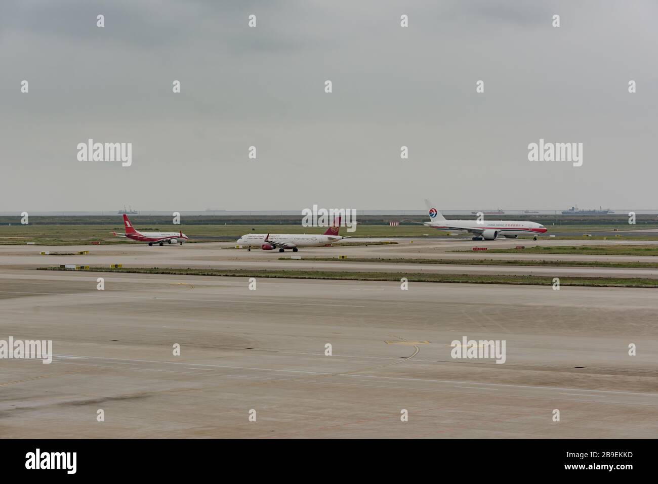 Shanghai, China - May 14, 2019: holding apron of Shanghai Pudong International Airport ...