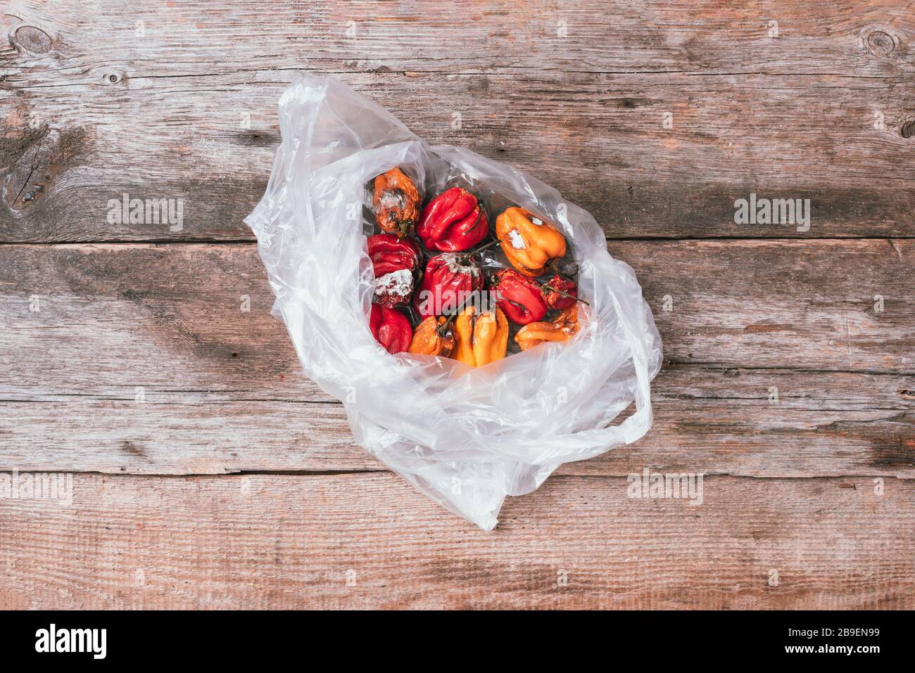 Moldy and wrinkled rotten peppers in plastic bag on wooden background ...