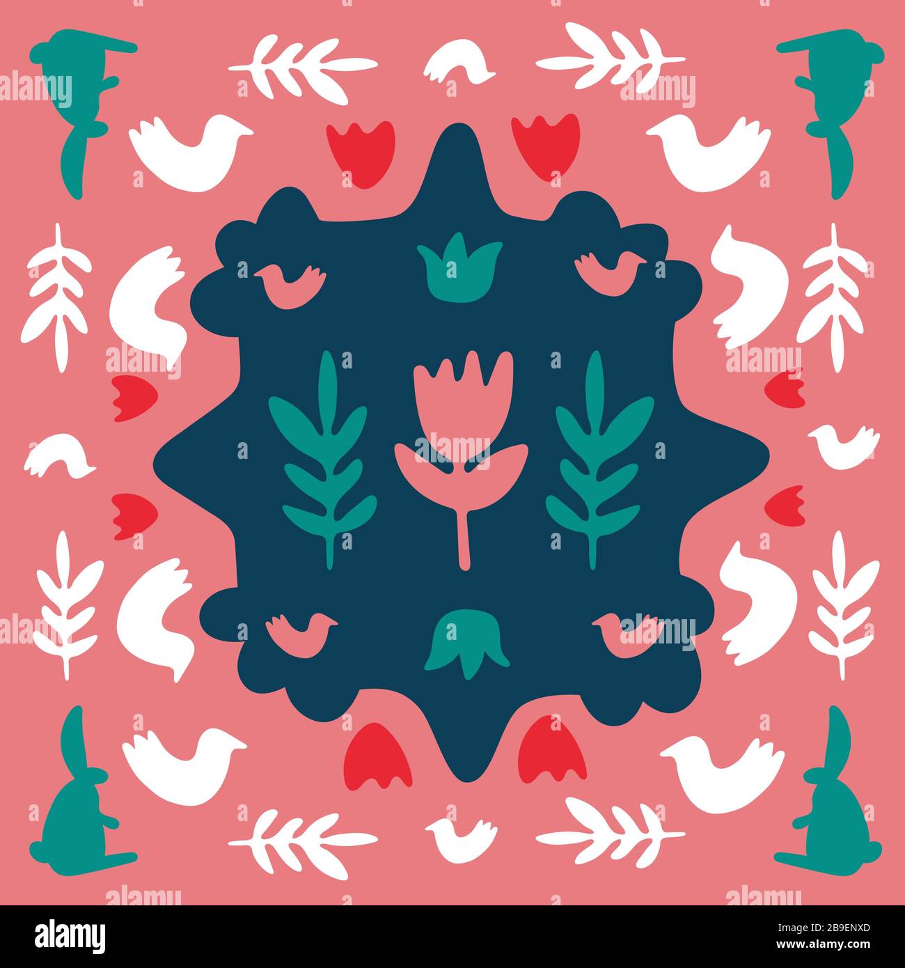 Floral folk doodle art square tile. Scandinavian style with traditional ...