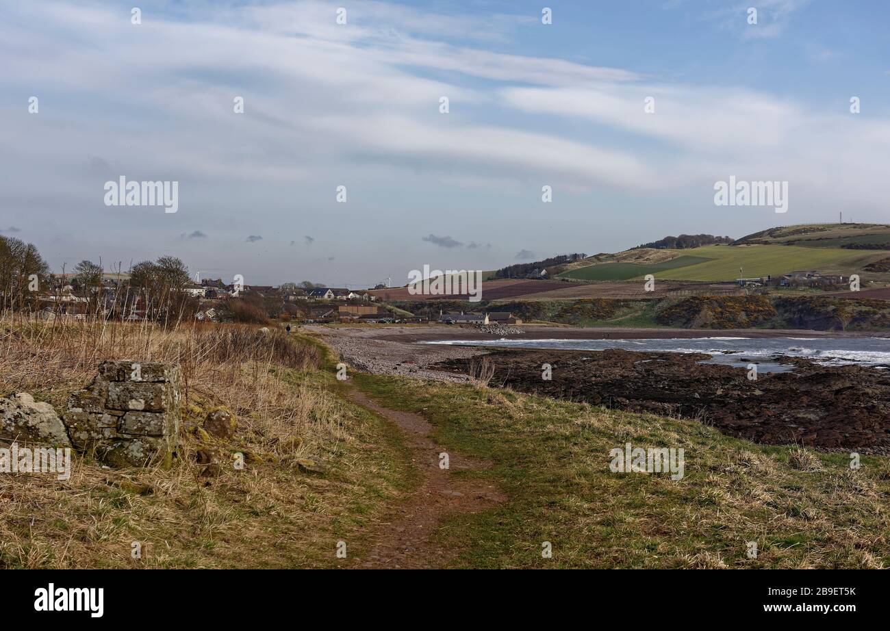 Inverbervie Fishing Village from the Coastal trail with the waves ...