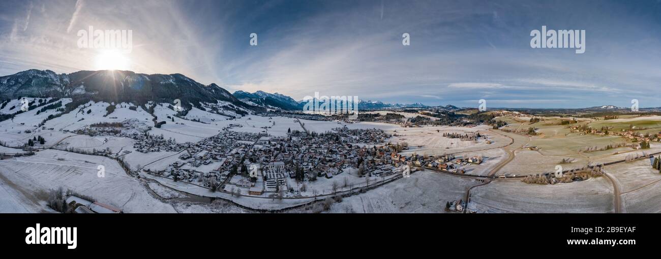 Aerial view of the small cozy german town at the mountain bottom at ...