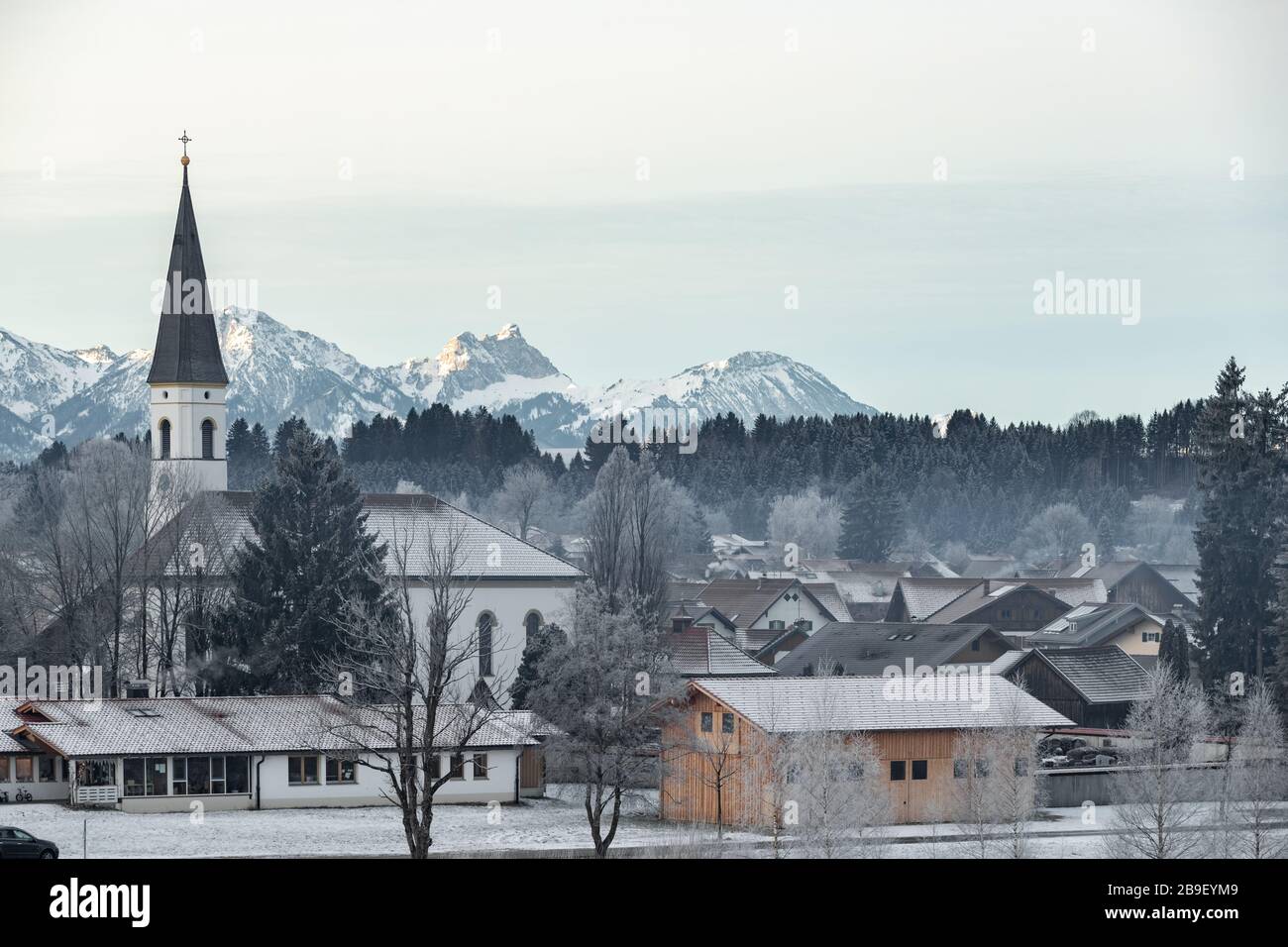 Aerial view of the small cozy german town at the mountain bottom at ...