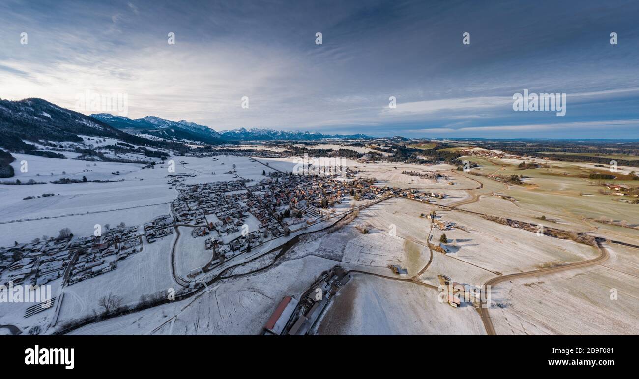 Aerial view of the small cozy german town at the mountain bottom at ...