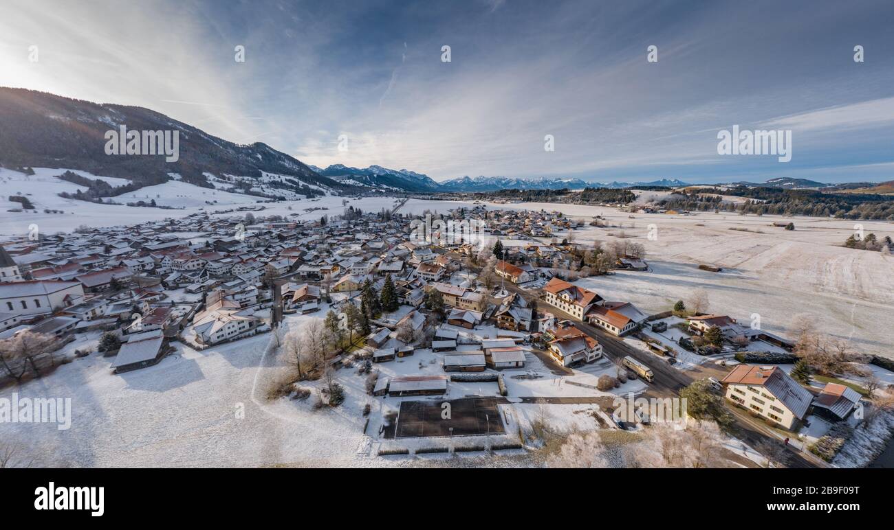 Aerial view of the small cozy german town at the mountain bottom at ...