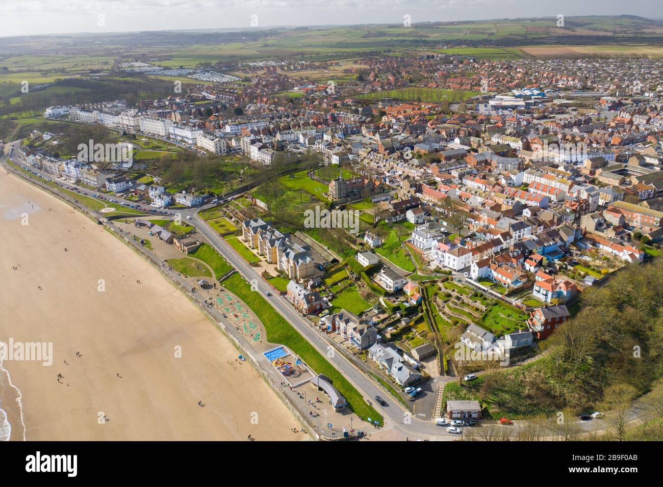 Aerial photo of the British seaside town of Filey, the seaside coastal ...
