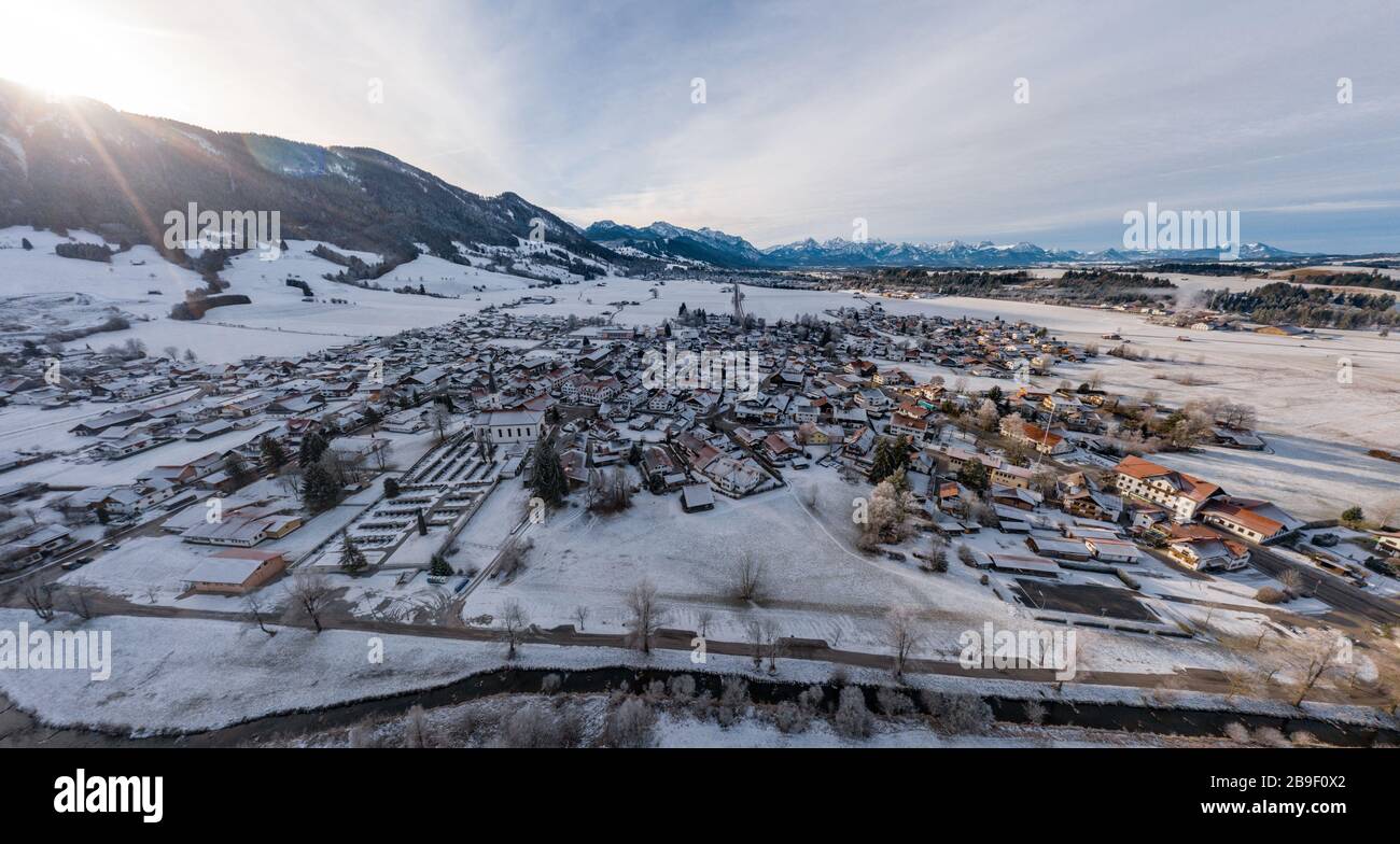 Aerial view of the small cozy german town at the mountain bottom at ...