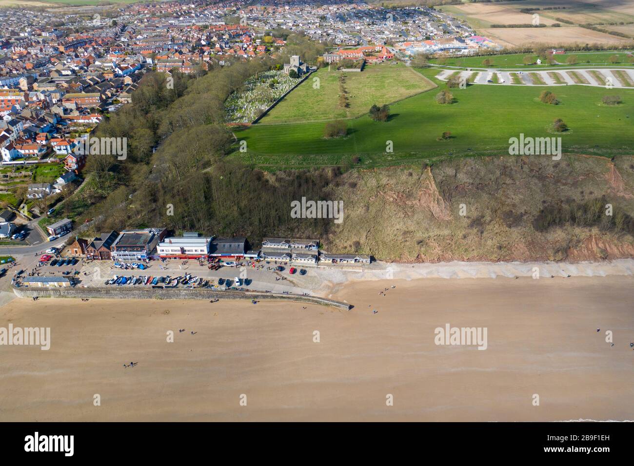 Aerial photo of the British seaside town of Filey, the seaside coastal ...
