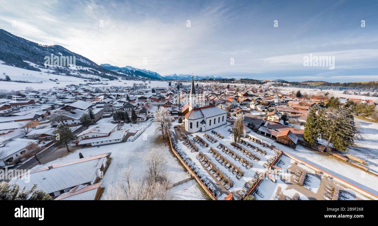 Aerial view of the small cozy german town at the mountain bottom at ...