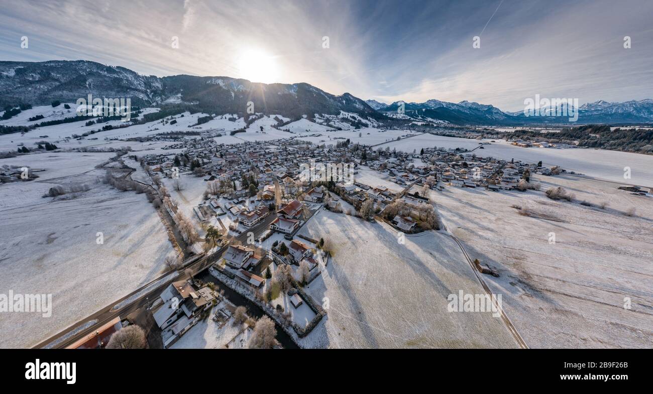 Aerial view of the small cozy german town at the mountain bottom at ...