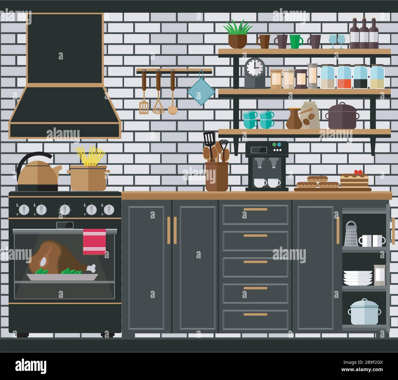 Modern cozy kitchen with gas stove, hood and kitchen furniture on a ...