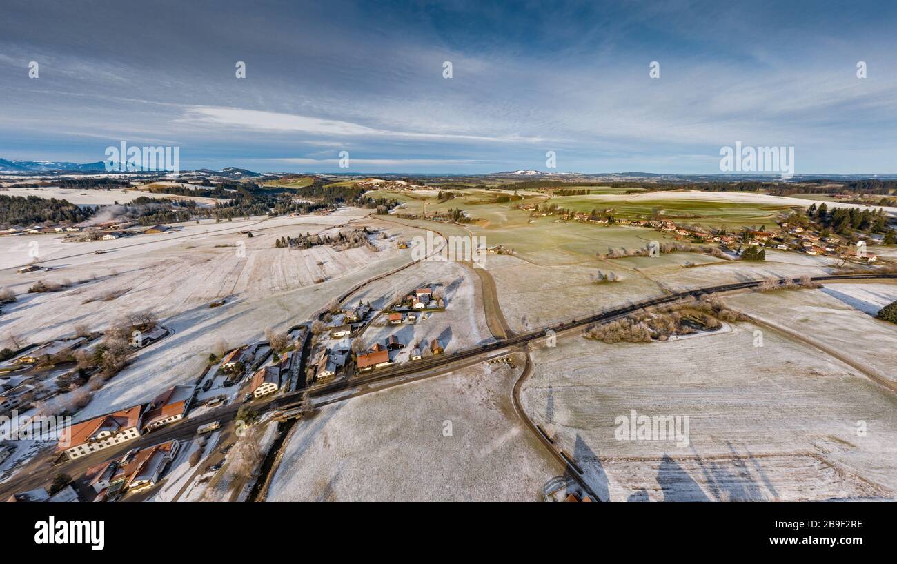 Aerial view of the small cozy german town at the mountain bottom at ...