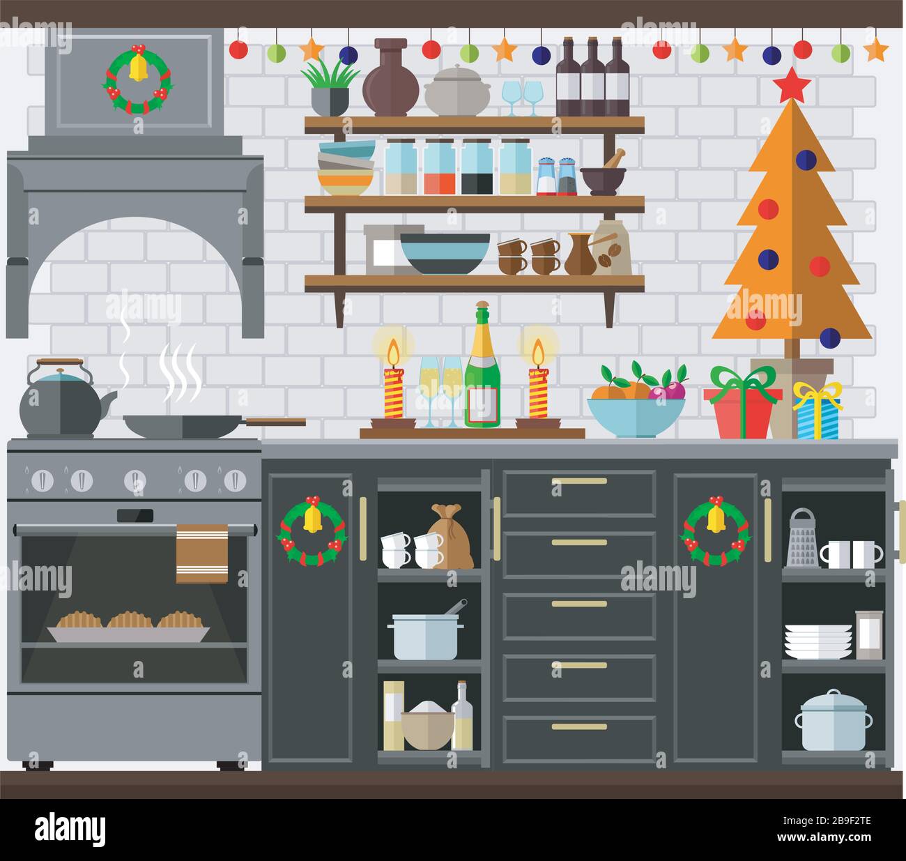 Christmas kitchen interior, cooking delicious food to celebrate ...