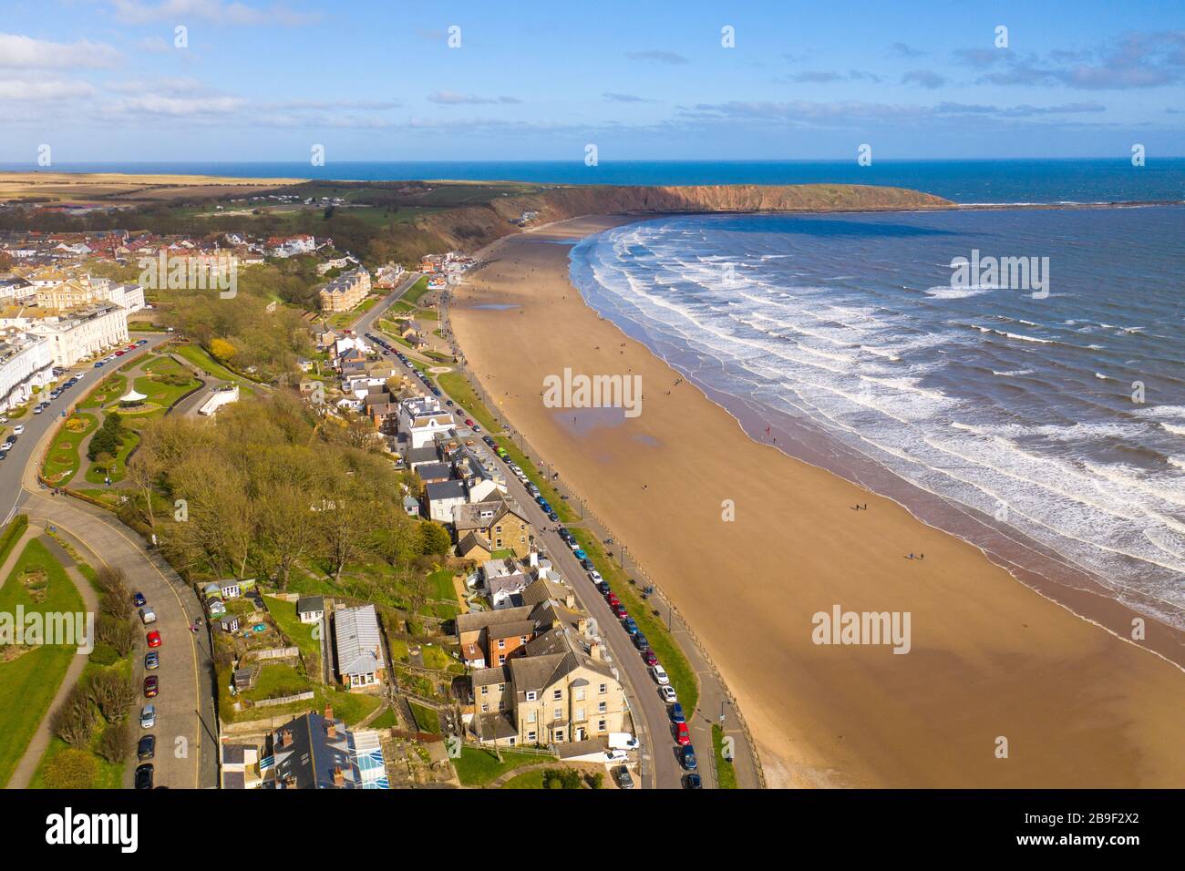 Aerial photo of the British seaside town of Filey, the seaside coastal ...