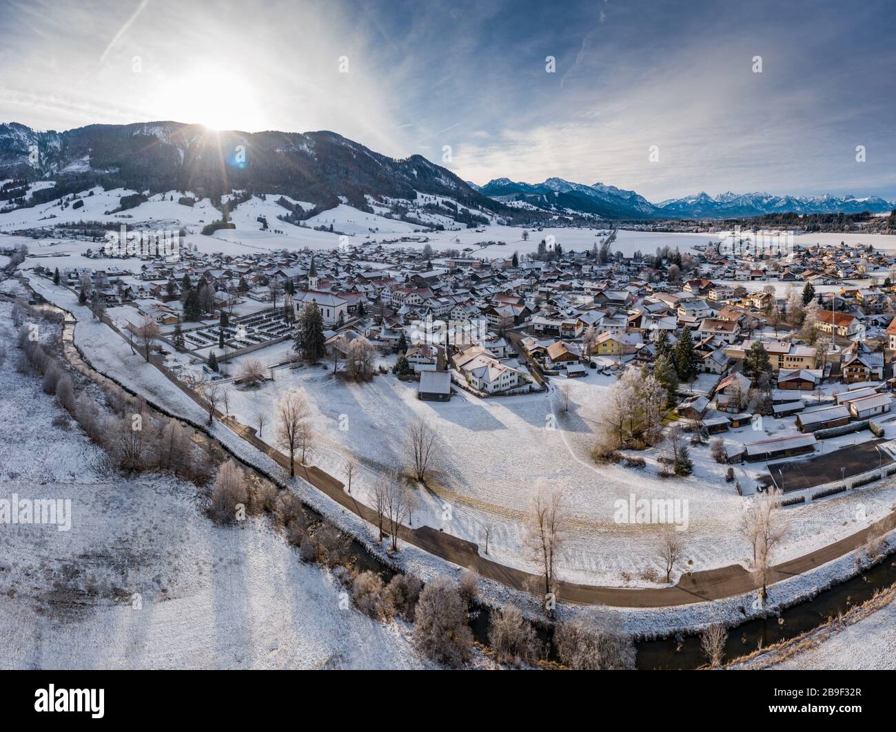 Aerial view of the small cozy german town at the mountain bottom at ...