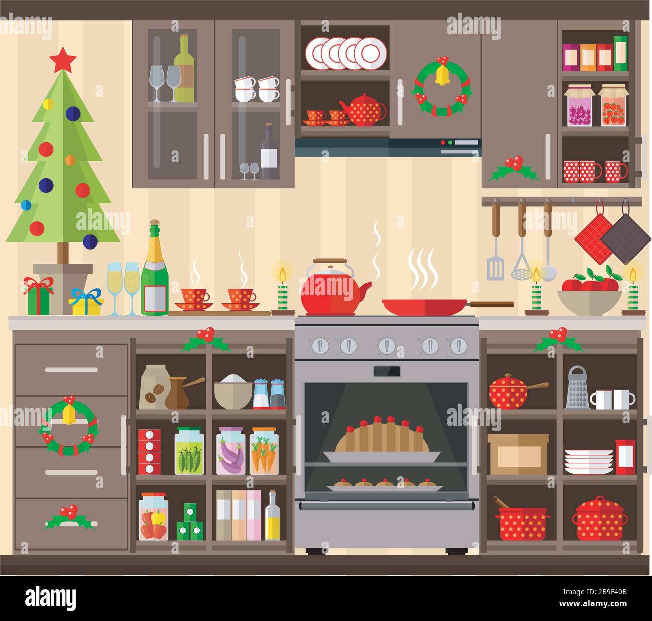 Christmas kitchen interior, cooking delicious food to celebrate ...