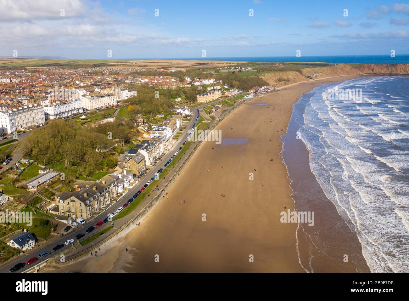 Aerial photo of the British seaside town of Filey, the seaside coastal ...