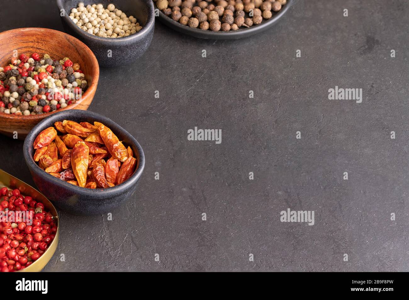 Different spices , pepper type, black ,white, pink ,green, cayenne and ...