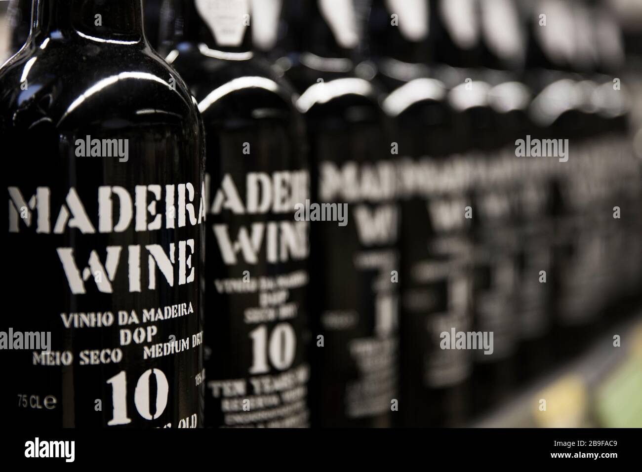 FUNCHAL, PORTUGAL - FEBRUARY 15, 2020: Detail of 10 year old medium dry ...