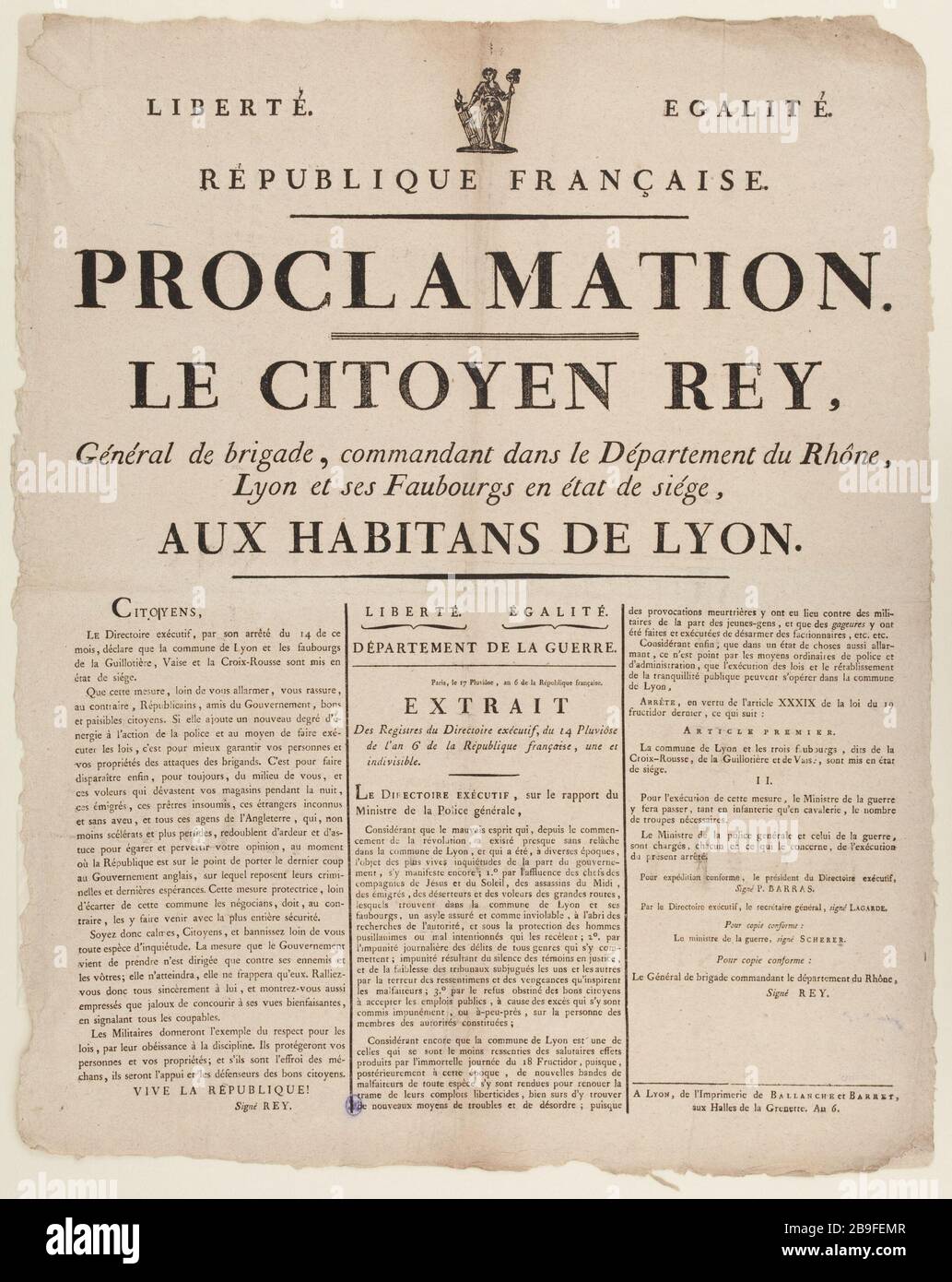 PROCLAMATION THE CITIZEN REY, BRIGADE.AUX GENERAL POPULATION OF LYON ...