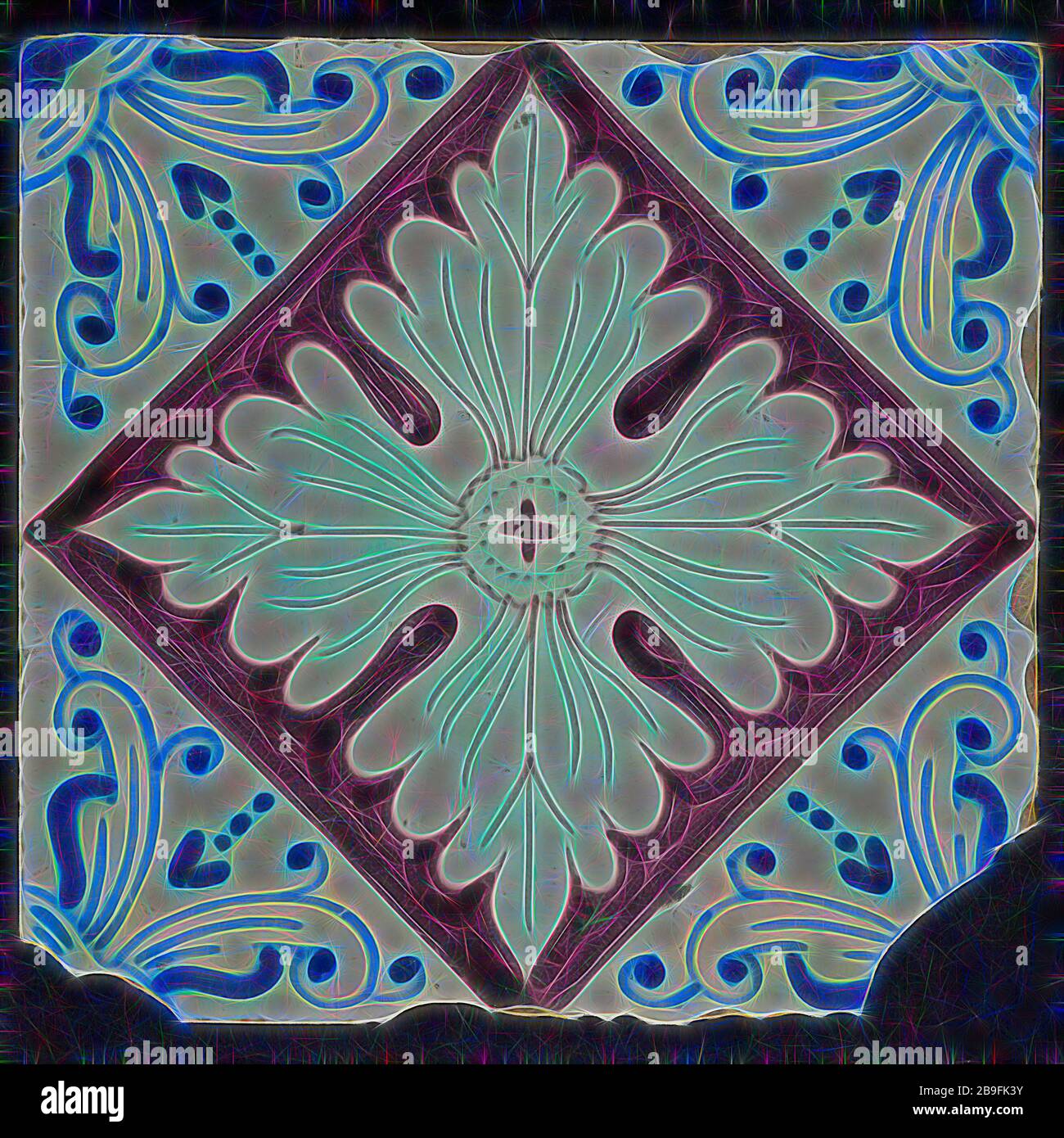 Ornament tile, four-sided symmetrical leaf shape, blue corner filling ...