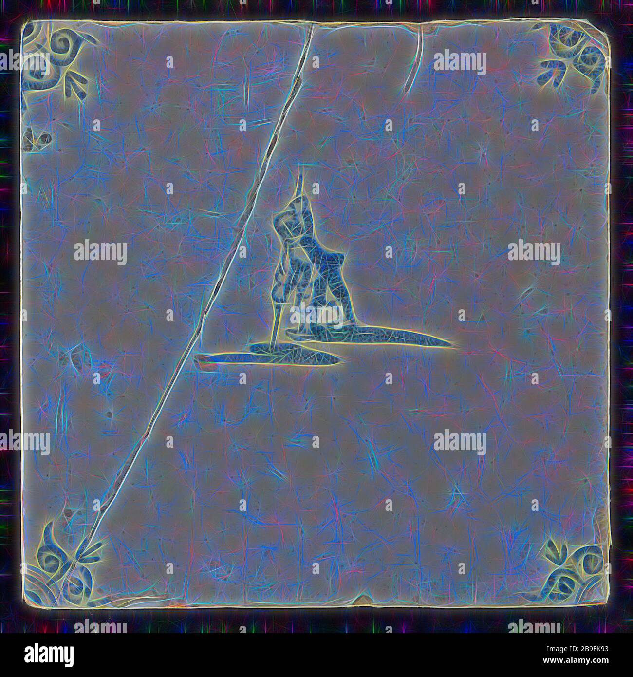 Scene tile, figure with pole vault, corner motif ox's head, wall tile ...