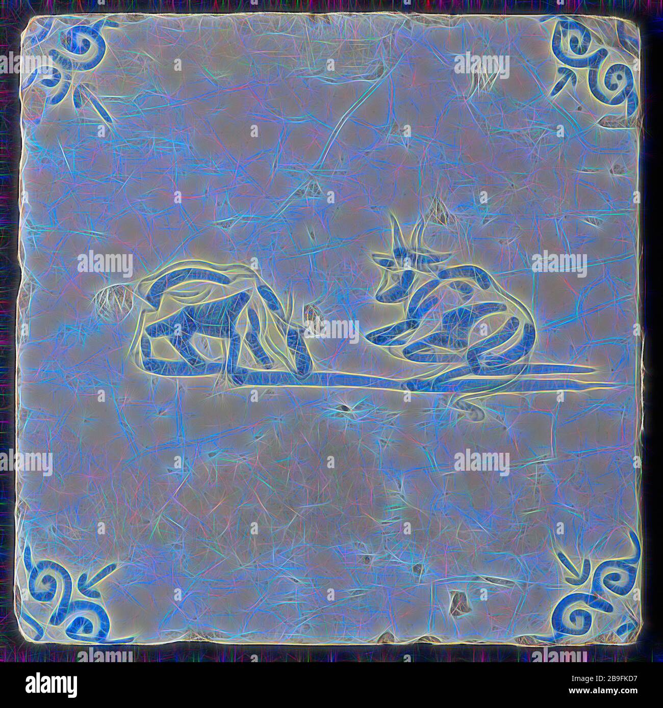 Animal tile, lying and grazing ox, in blue on white, corner motif ...